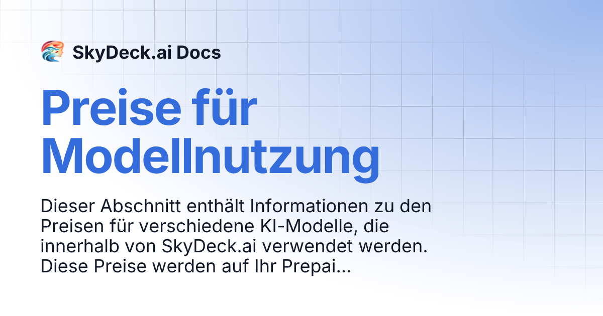 Preise für Modellnutzung | SkyDeck.ai Docs